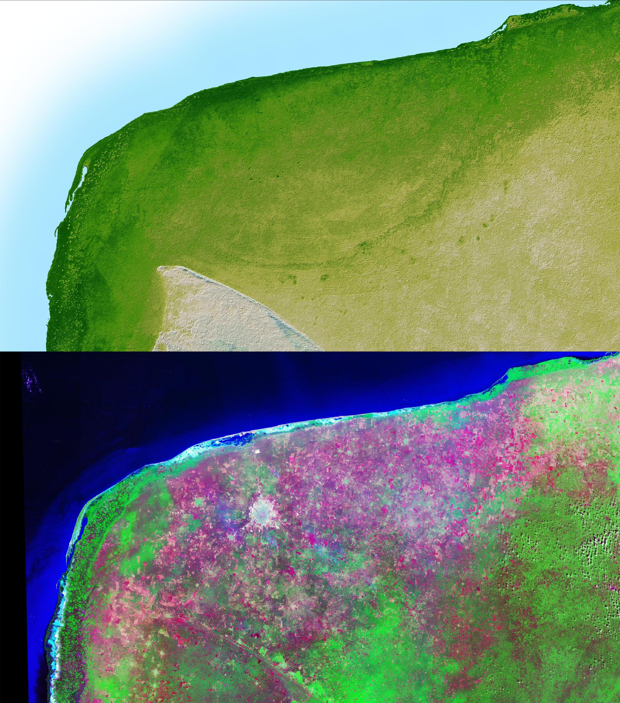 Shaded Relief with Height as Color and Landsat, Yucatan Peninsula ...