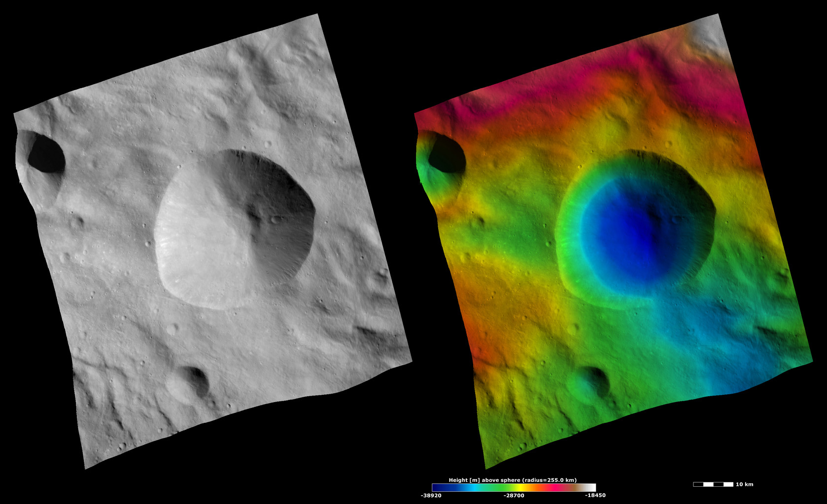 Apparent Brightness and Topography Images of Tarpeia Crater - NASA Science