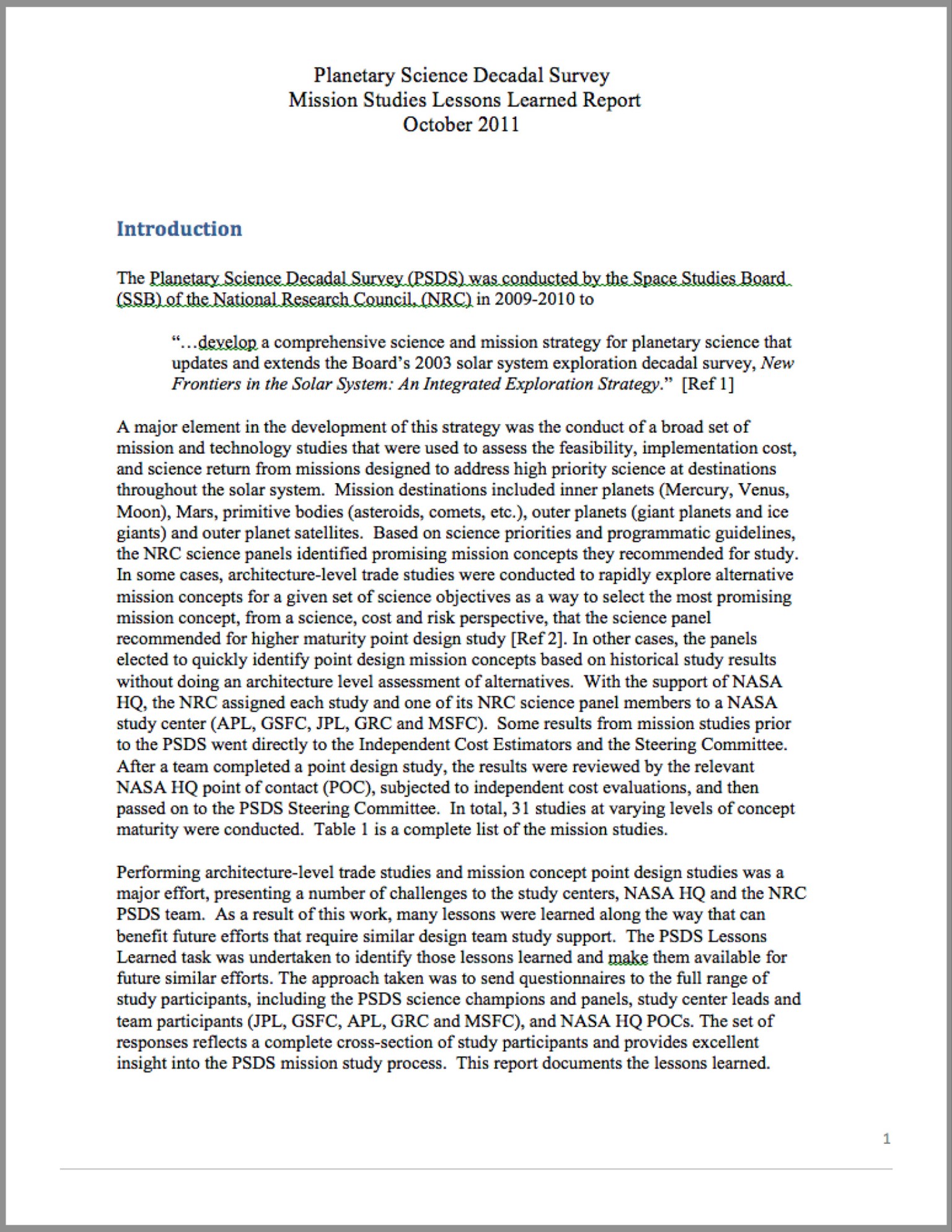 Planetary Science Decadal Survey Mission Studies Lessons Learned Report ...