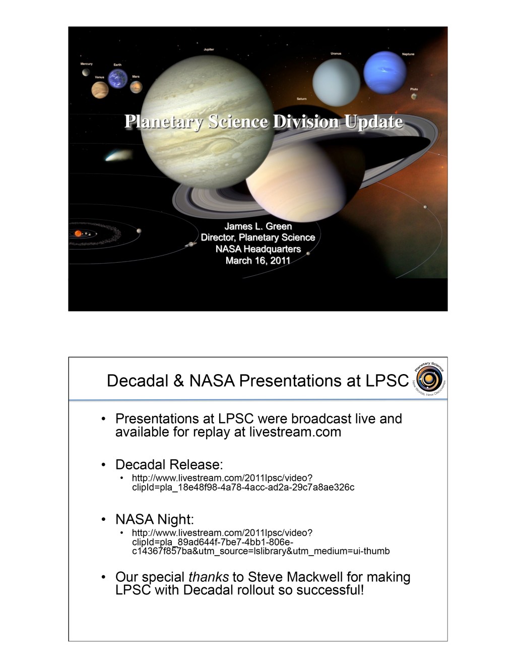 Dr. James Green's Presentation to the Planetary Science Subcommittee ...