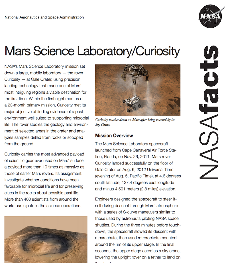 Fact Sheet: Mars Science Laboratory (Curiosity) - NASA Science Fact Sheet: Mars Science Laboratory (Curiosity) - NASA Science