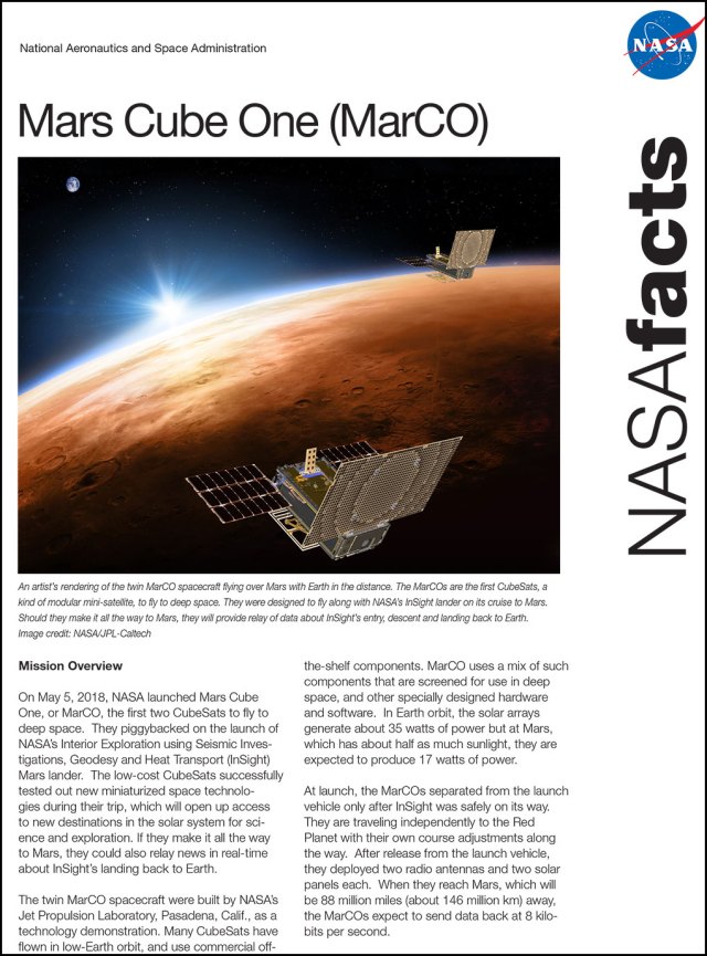 Mars Cube One (MarCO) Fact Sheet - NASA Science