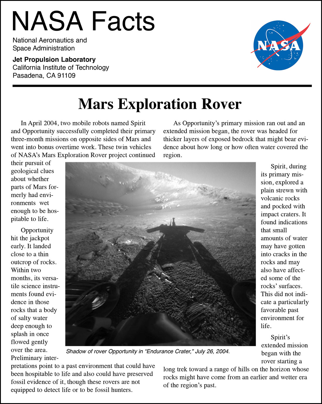 Mars Exploration Rover Fact Sheet - NASA Science